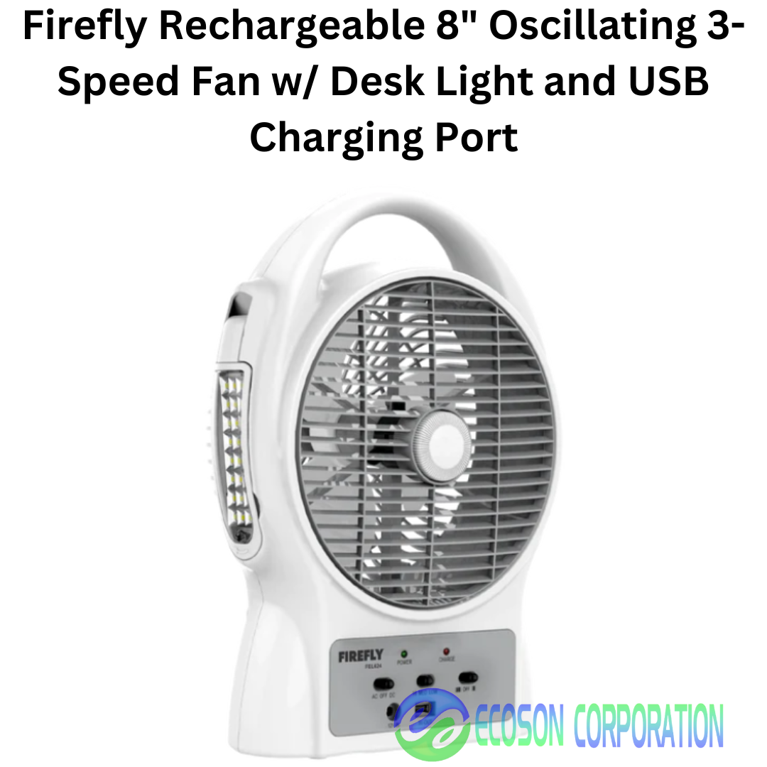 Firefly - Rechargeable 8" Oscillating 3-Speed Fan w/ USB Charging Port ...