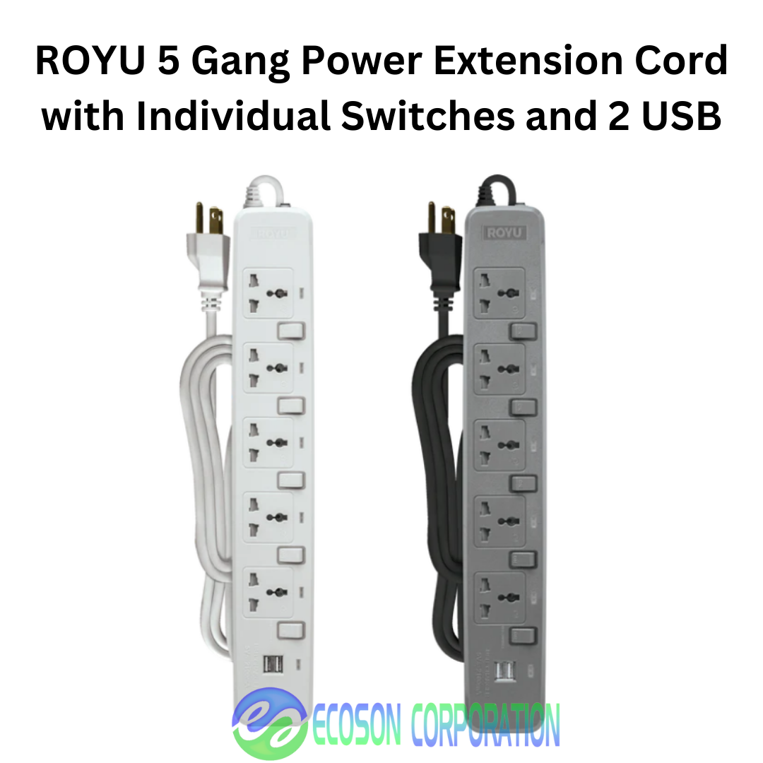 ROYU - 5 Gang Power Extension Cord with Individual Switches and 2 USB ...